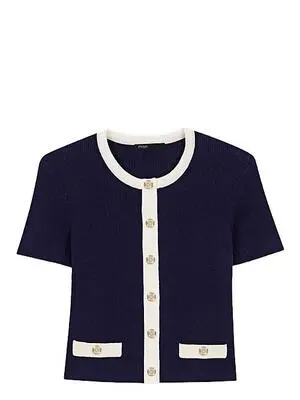 Maje Short-sleeved Contrast-trim Knitted Cardigan - Bleus