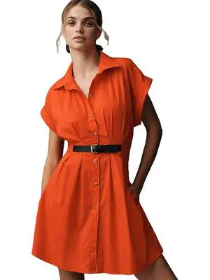 Anthropologie By Anthropologie Faye Short-Sleeve Belted Shirtdress Cherry