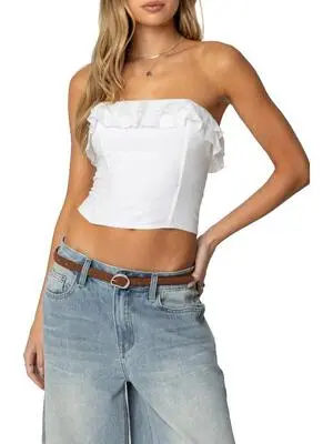 EDIKTED Litsa Ruffle Strapless Corset Crop Top - White