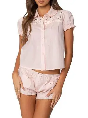 EDIKTED Lona Eyelet Embroidered Puff Sleeve Button-up Shirt - Light-pink