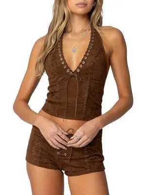 EDIKTED Sloane Faux Suede Halter Top - Brown
