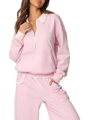 EDIKTED EDIKTED Ashtin Ruffle Trim Half Zip Sweatshirt Light-pink