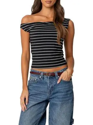 EDIKTED Keryn Stripe Asymmetric Top - Black