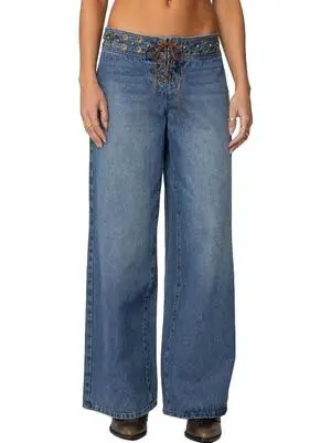 EDIKTED Stud And Grommet Wide Leg Jeans - Blue-washed