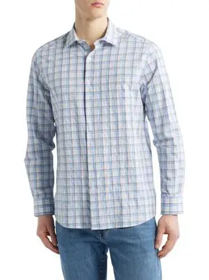 Johnston & Murphy Outline Grid Plaid Button-up Shirt - Blue Multi