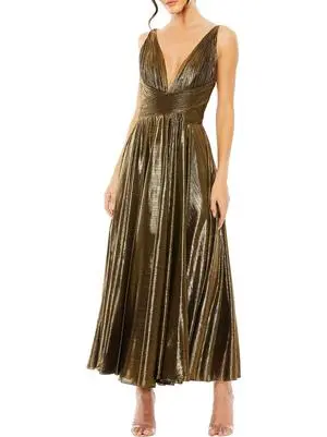 Mac Duggal Sleeveless V-neck Metallic Dress - Antique Gold