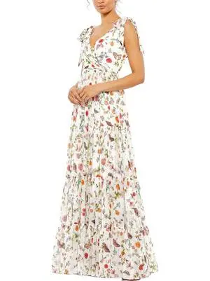 Mac Duggal Floral Print Gown With Tie Straps - White Multi