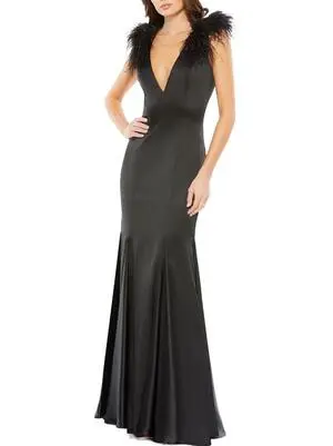 Mac Duggal Feather Shoulder V-neck Column Gown - Black