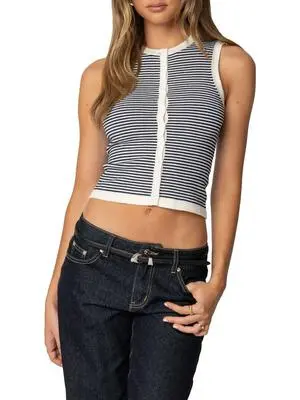 EDIKTED Everson Stripe Sleeveless Knit Crop Top - Cream-and-navy