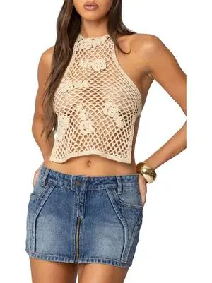 EDIKTED Syd Crochet Halter Top - Beige