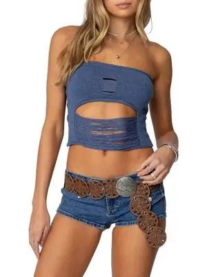EDIKTED Laurier Distressed Knit Tube Top - Blue