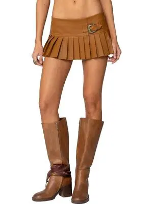 EDIKTED Pleated Faux Leather Mini Skort - Brown