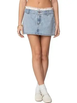 EDIKTED Floral Lace Trim Denim Miniskirt - Light-blue