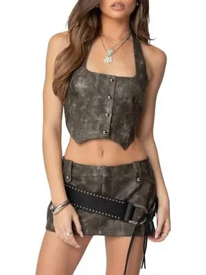 EDIKTED Bar Washed Faux Leather Halter Top - Dark-gray
