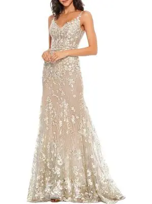 Mac Duggal Floral Embroidered Corset Bodice Gown - Nude Multi