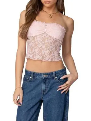 EDIKTED Odilia Strapless Lace Crop Top - Light-pink