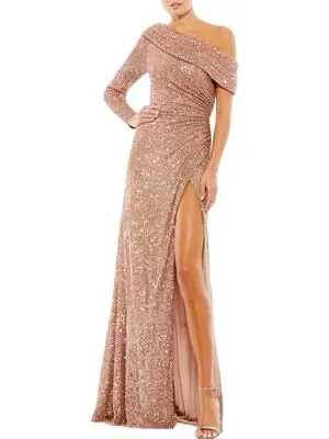 Mac Duggal Sequin Drop Shoulder Faux Wrap Gown Copper