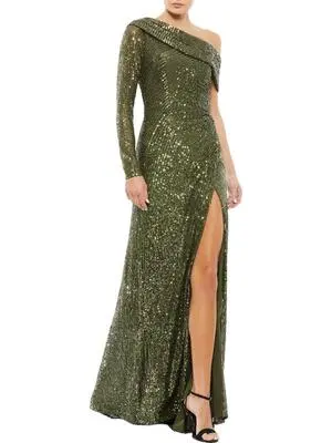 Mac Duggal Sequin Drop Shoulder Faux Wrap Gown - Olive