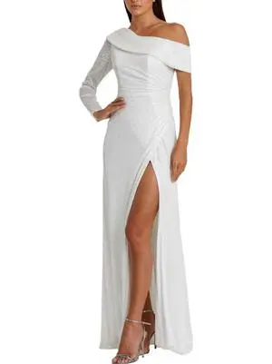 Mac Duggal Sequin Drop Shoulder Faux Wrap Gown - White