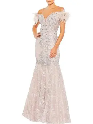 Mac Duggal Feathered Crystal Embellished Sleeveless Gown - Lilac