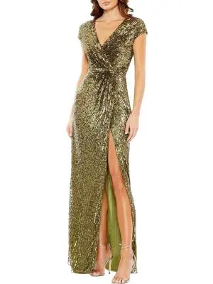 Mac Duggal Sequined Faux Wrap Gown - Olive