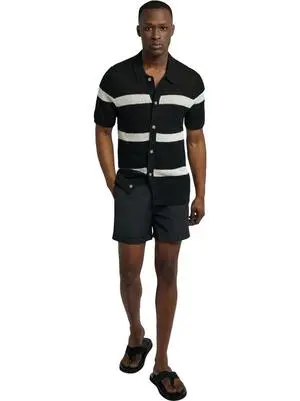 Onia Linen Short Sleeve Button-up Sweater - Black/egret