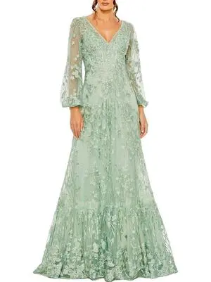 Mac Duggal V-neck A-line Embroidered Gown - Sage
