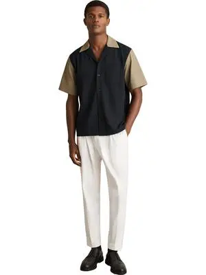 REISS Peza Colour-block Cuban-collar Shirt - Navy/brown