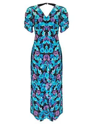 RO&ZO Floral-print Frill-front Woven Midi Dress - Blue