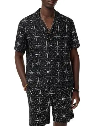John Varvatos Dan Geometric Linen Camp Shirt - Black