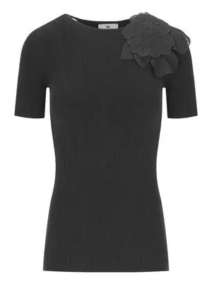 Elisabetta Franchi T-shirt With Georgette Flower - Black