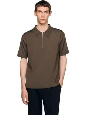 Sandro Knitted Polo With Zip Collar - Caramel