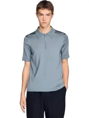 Sandro Knitted Polo With Zip Collar Grey/blu