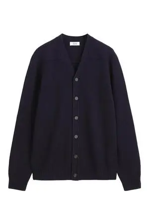 Cos Merino Wool V-neck Cardigan With Ribbed Trims And Pockets - Blue