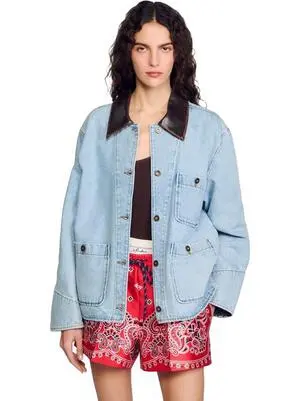 Sandro Denim Jacket With Leather Collar - Light Bu Jean