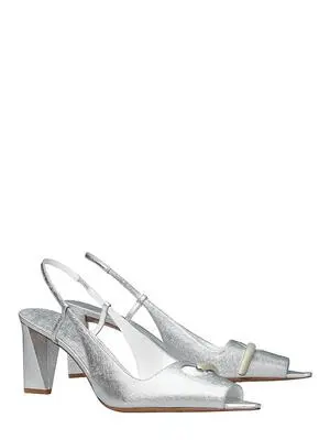 Tory Burch Pierced Peep Toe Slingback Pumps Bright Silver