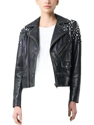 VELEZ Leather Biker Jacket With Crystals - Black