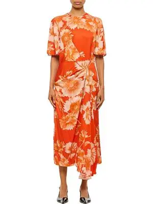 Erdem Pinched-detailing Printed Dress - Orange