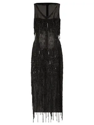 Dolce & Gabbana Sleeveless Marquisette Dress With Sequined Fringing - Black