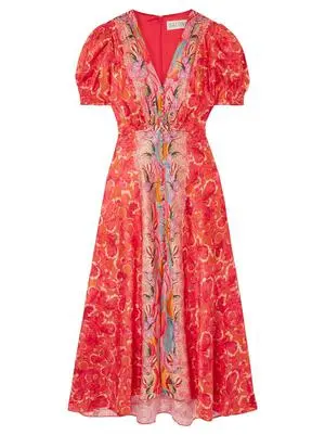 Saloni Lea Printed Midi Dress - Orange
