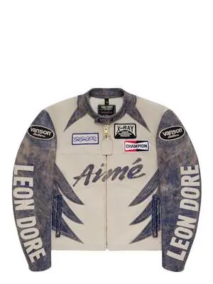 Aimé Leon Dore X Vanson Distressed Leather Moto Jacket - Blue/cream