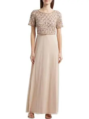 Pisarro Nights Beaded Mesh A-line Evening Dress - New Peach
