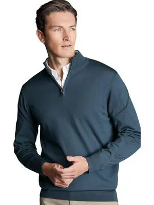 CHARLES TYRWHITT Merino Zip Neck Long Sleeve Sweater - Aqua Green