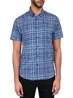 BROOKLYN BRIGADE Slim Fit Tudor Textured Check 4-way Stretch Performance Short Sleeve Shirt Navy