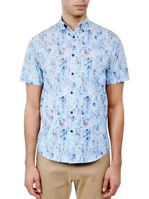 BROOKLYN BRIGADE Slim Fit Barlow Vintage Floral 4-way Stretch Performance Short Sleeve Shirt - Blue