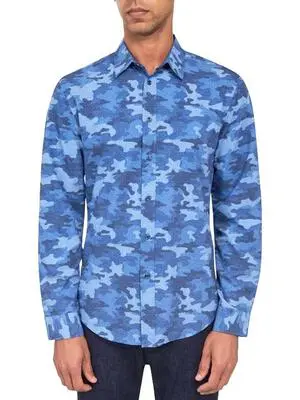 BROOKLYN BRIGADE Slim Fit Denim Camo 4-way Stretch Performance Long Sleeve Shirt - Blue