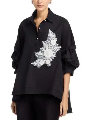 NANCY YANG Beaded Puffed Sleeve Top - Black/ White Embellished