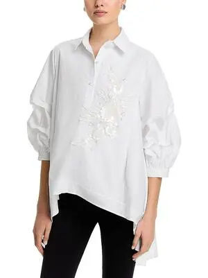 NANCY YANG Beaded Puffed Sleeve Top White