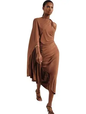 REISS Kyra Cape Sleeve Jersey Midi Dress - Brown