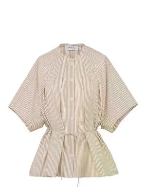 YVES SALOMON Striped Pleated Shirt - Brown